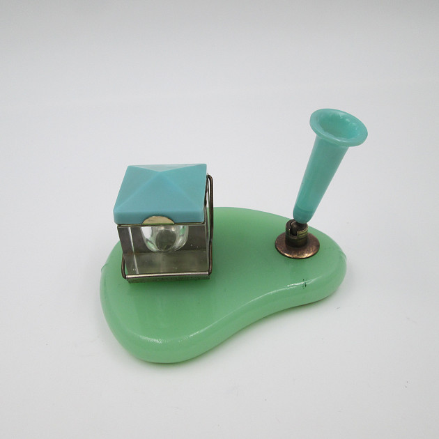 Desk Table Pen Stand With Inkwell Green Resin Bitone Metal | El ...