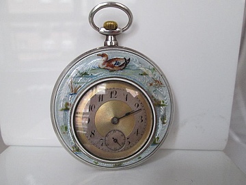 Swiss pocket watch, 935 sterling silver, Color enamels