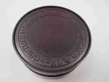 pelikan round garnet bakelite box with golden front 1950s