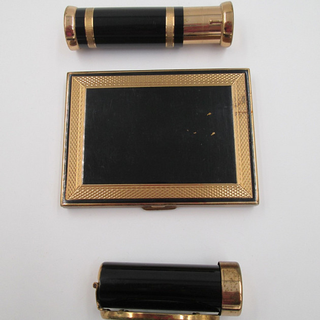 Vanity Set Patrys Golden Metal And Black Enamel Powder Compact Lipstick ...